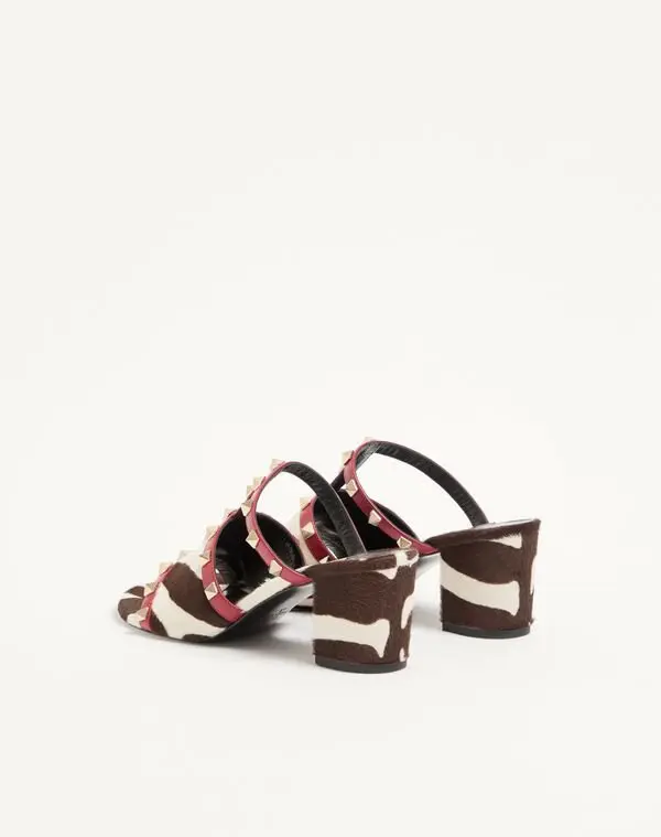 Valentino Garavani Rockstud Pony-effect Calfskin Slide Sandal - White/brown/red