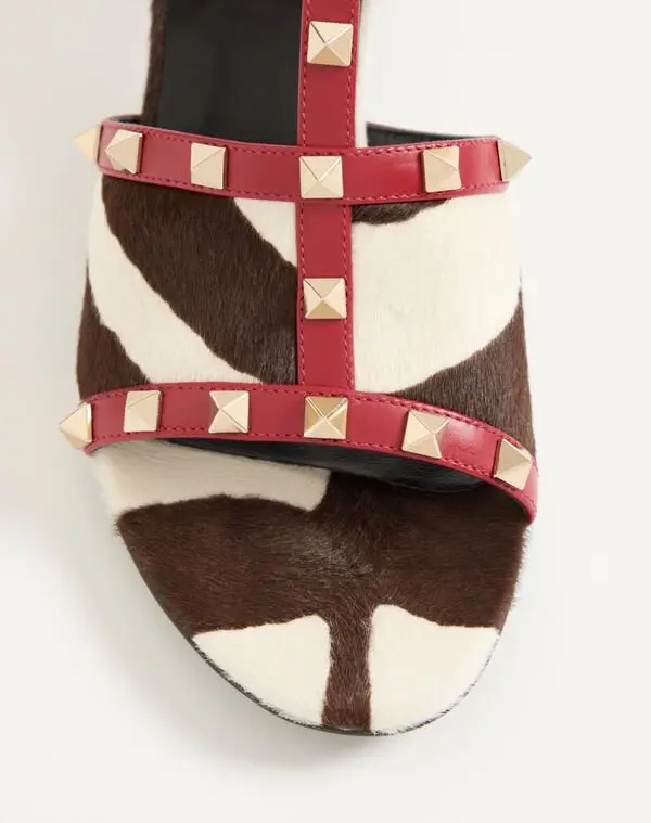Valentino Garavani Rockstud Pony-effect Calfskin Slide Sandal - White/brown/red