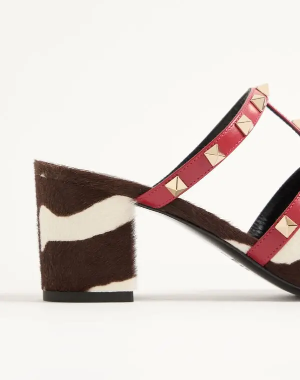 Valentino Garavani Rockstud Pony-effect Calfskin Slide Sandal - White/brown/red