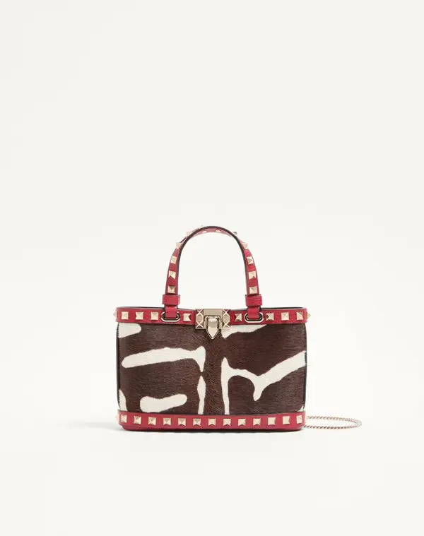 Valentino Garavani Rockstud Mini Shopping Bag In Pony-effect Calfskin - White/brown/red