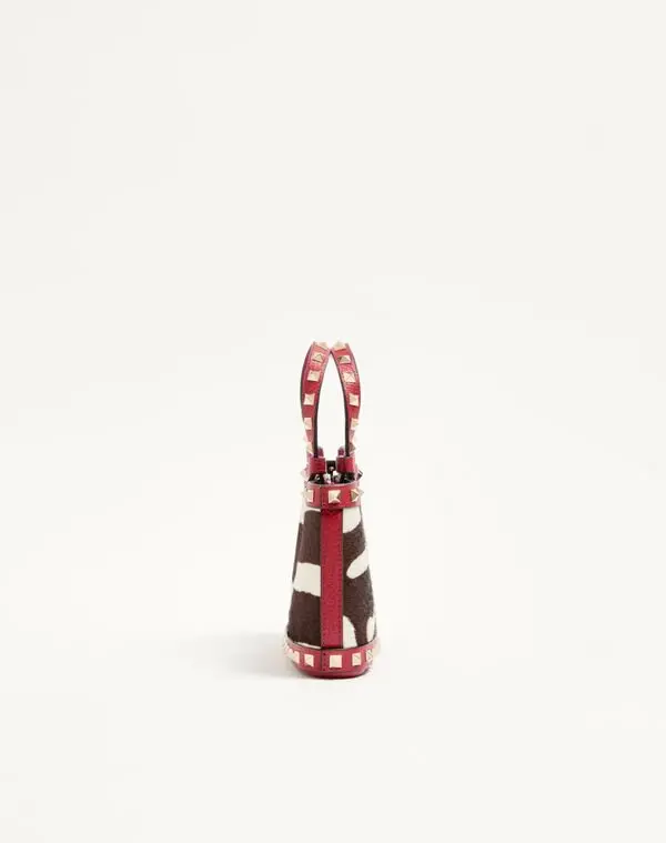 Valentino Garavani Rockstud Mini Shopping Bag In Pony-effect Calfskin - White/brown/red