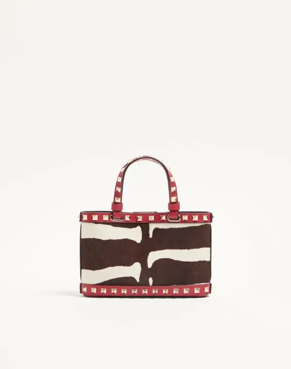 Valentino Garavani Rockstud Mini Shopping Bag In Pony-effect Calfskin - White/brown/red