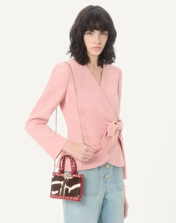 Valentino Garavani Rockstud Mini Shopping Bag In Pony-effect Calfskin - White/brown/red