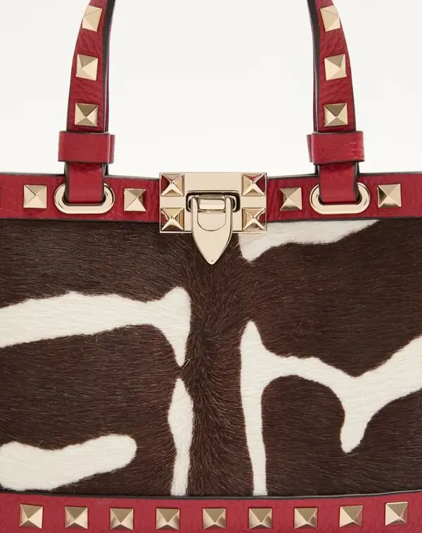 Valentino Garavani Rockstud Mini Shopping Bag In Pony-effect Calfskin - White/brown/red