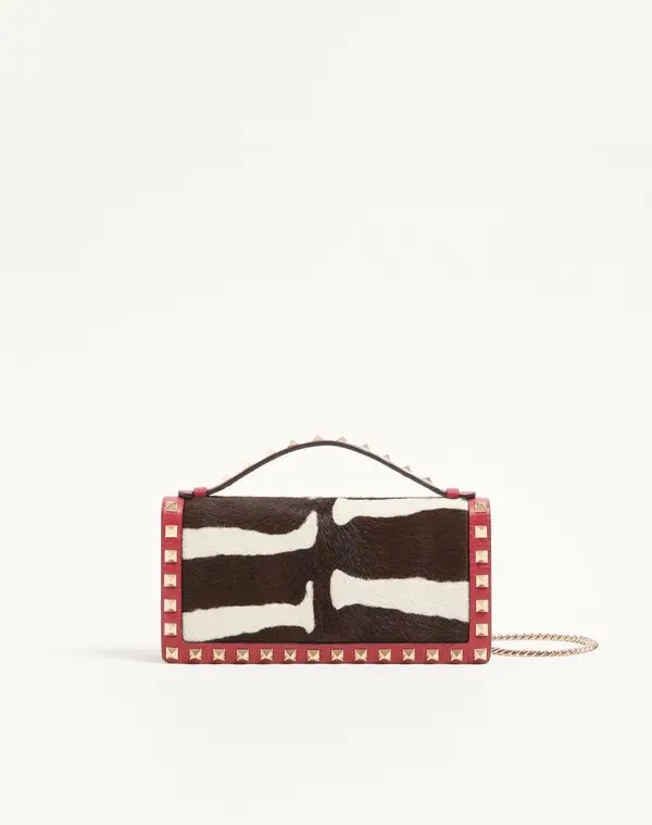 Valentino Garavani Rockstud Wallet With Chain In Pony-effect Calfskin - White/brown/red