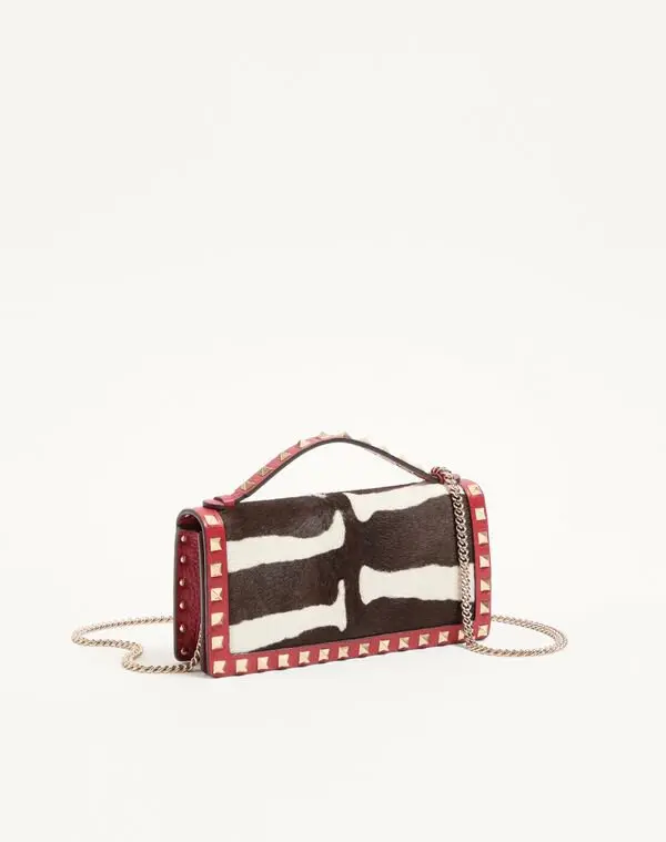 Valentino Garavani Rockstud Wallet With Chain In Pony-effect Calfskin - White/brown/red