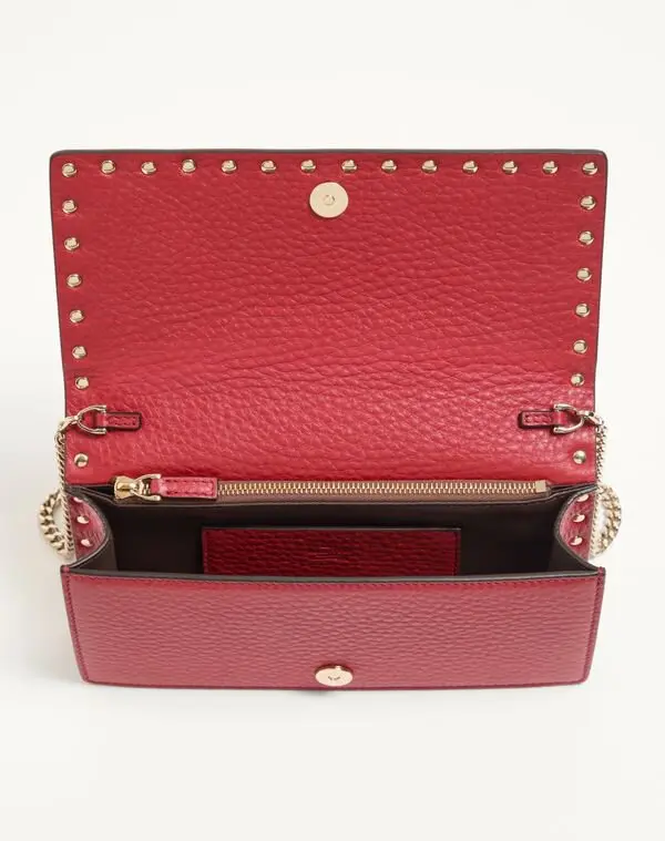 Valentino Garavani Rockstud Wallet With Chain In Pony-effect Calfskin - White/brown/red