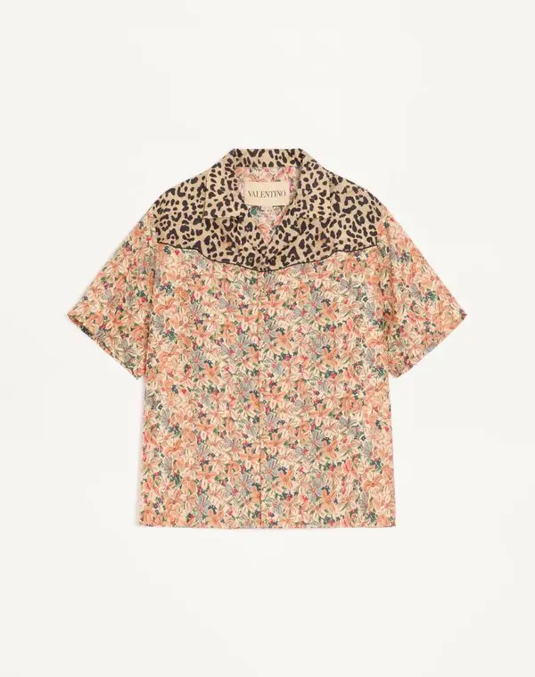 Valentino Garavani Bowling Shirt In Silk Poplin With Fauve Eclat Animalier And Papier Floral Prints - Multicolour