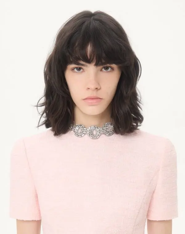 Valentino Garavani Embroidered Crinkle Cotton Tweed Short Dress - Pink/silver