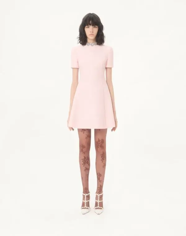 Valentino Garavani Embroidered Crinkle Cotton Tweed Short Dress - Pink/silver