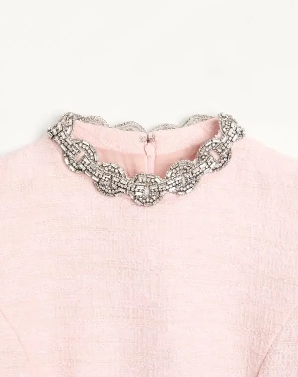 Valentino Garavani Embroidered Crinkle Cotton Tweed Short Dress - Pink/silver