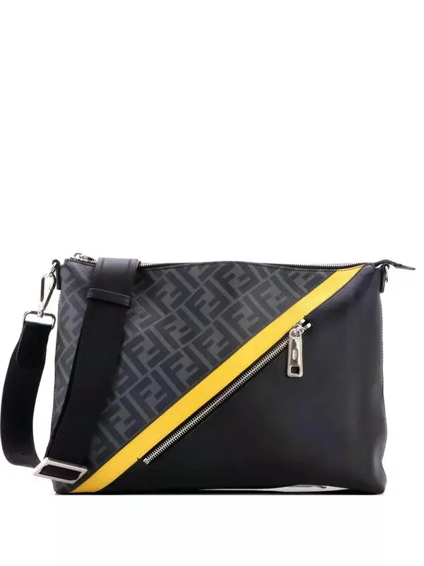 Fendi Front Zip Messenger Zucca Coated Canvas And Leather Large Crossbody Bag - Black