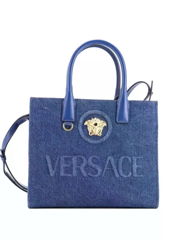 Versace La Medusa Embossed Denim Small Tote Bag - Blue