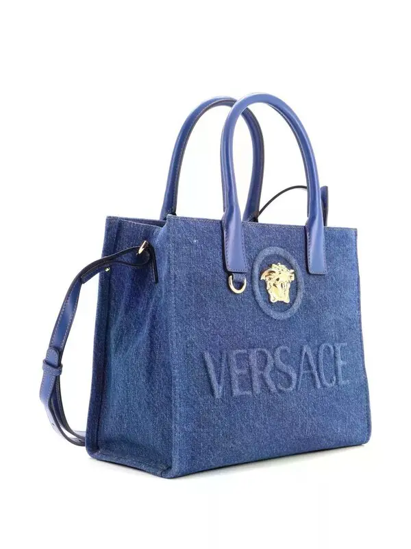 Versace La Medusa Embossed Denim Small Tote Bag - Blue
