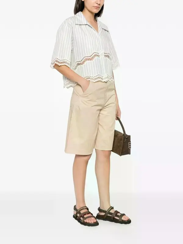 Sandro Cropped Striped Cotton Shirt With Lace Trim - Neutrals