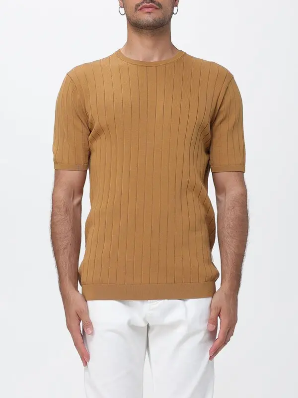 PEOPLE OF SHIBUYA Cotton Ribbed Crew Neck Sweater - Camel