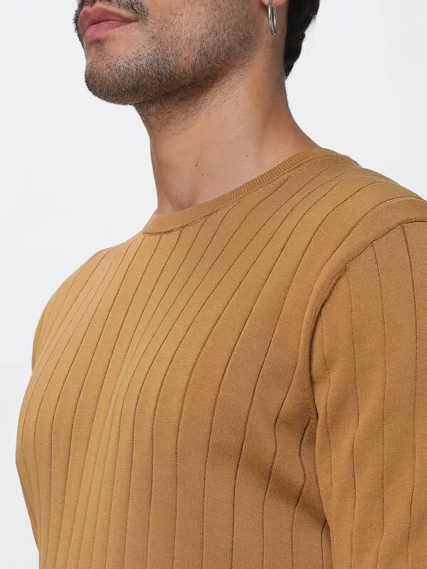 PEOPLE OF SHIBUYA Cotton Ribbed Crew Neck Sweater - Camel