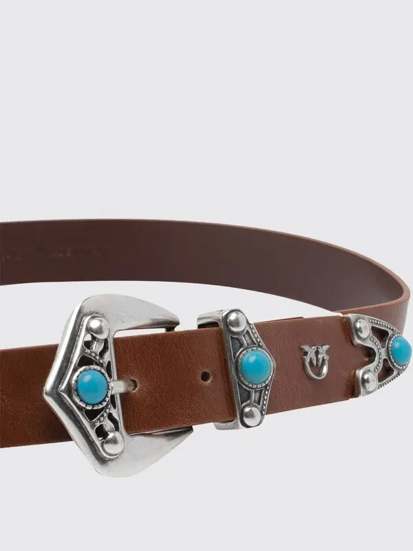 Pinko Embellished Leather Belt With Turquoise Accents - Brown