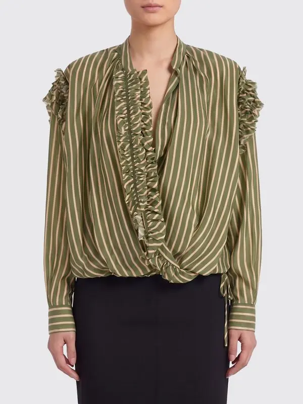 Dries Van Noten Striped Cupro Shirt With Ruffles And V-neck - Green