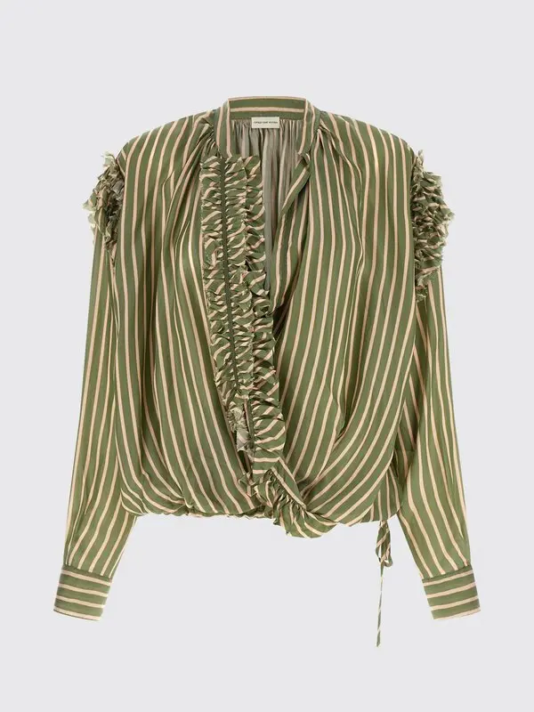 Dries Van Noten Striped Cupro Shirt With Ruffles And V-neck