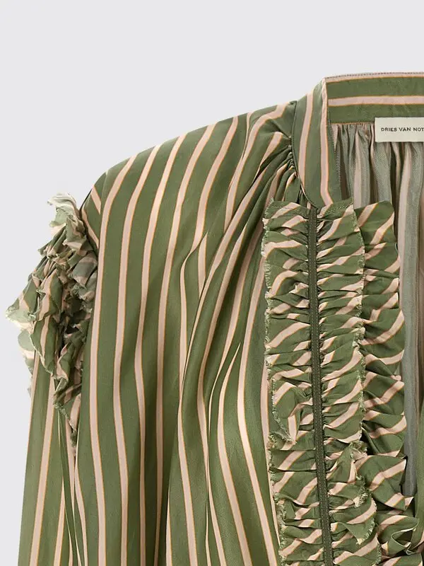 Dries Van Noten Striped Cupro Shirt With Ruffles And V-neck