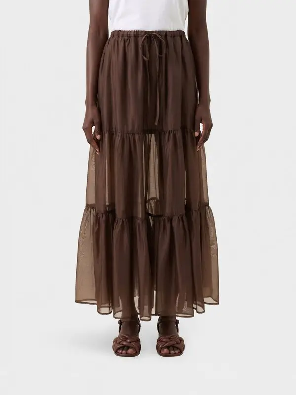 TWINSET A-line Tulle Midi Skirt With Drawstring Waist - Coffee