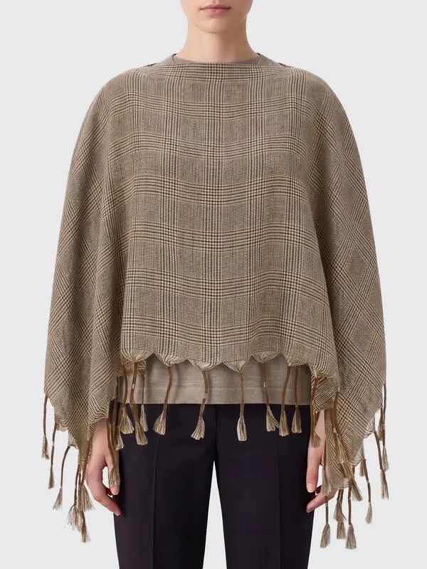 Brunello Cucinelli Plaid Poncho With Tassels - Brown