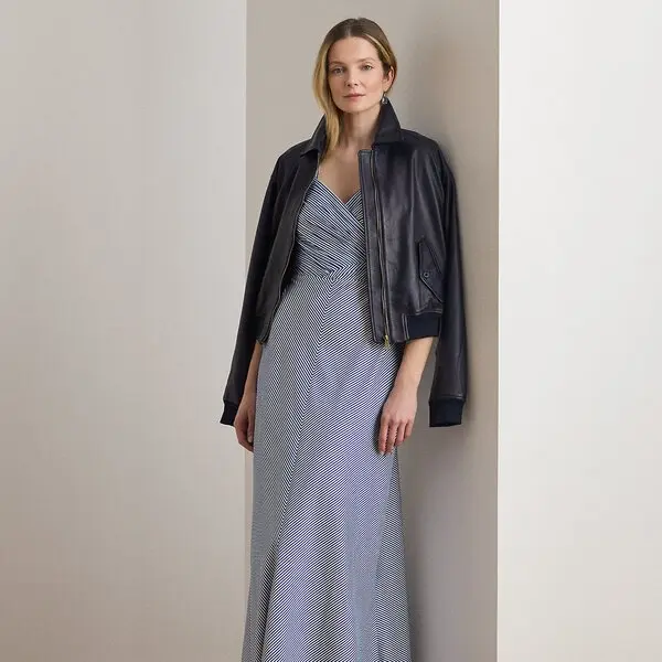 Ralph Lauren Striped Pleated Taffeta Gown - Blue/white
