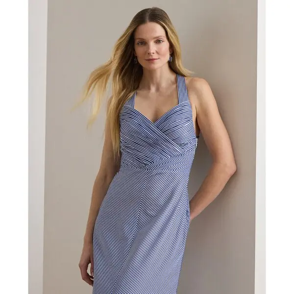 Ralph Lauren Striped Pleated Taffeta Gown - Blue/white