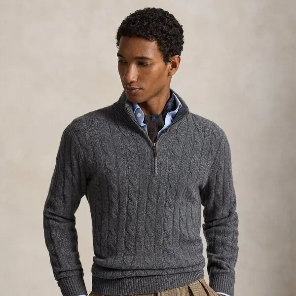Ralph Lauren Cable-knit Cashmere Quarter-zip Sweater - Static Grey Heather