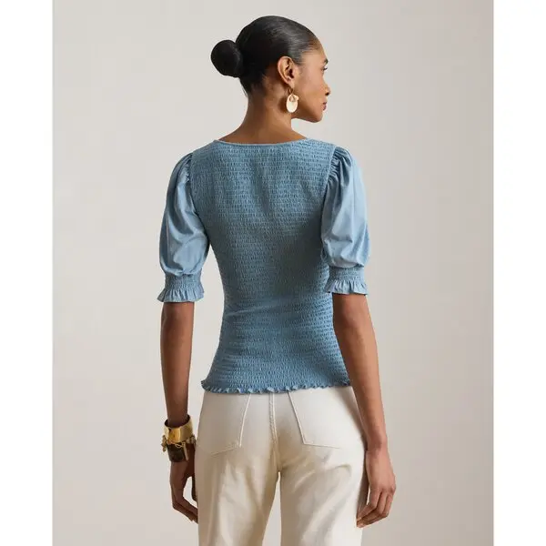 Ralph Lauren Smocked Cotton Jersey Puff-sleeve Top - Blue Note