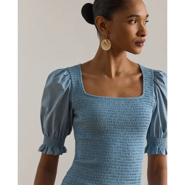 Ralph Lauren Smocked Cotton Jersey Puff-sleeve Top - Blue Note