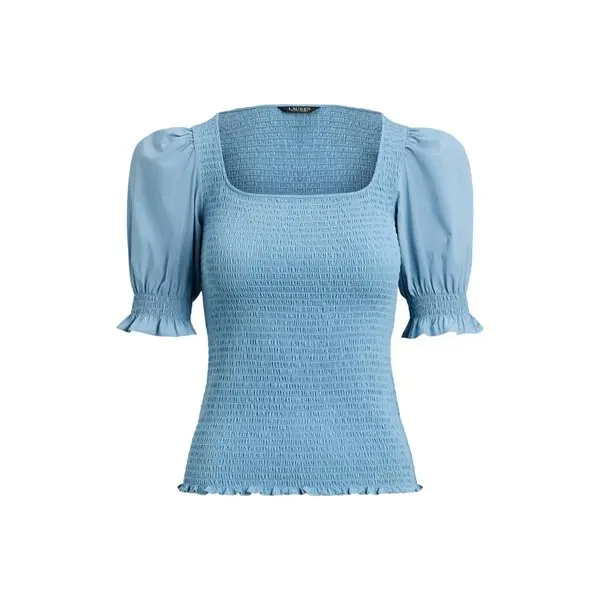 Ralph Lauren Smocked Cotton Jersey Puff-sleeve Top - Blue Note