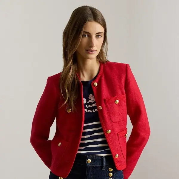 Ralph Lauren Linen Herringbone Cropped Jacket - Cruise Red