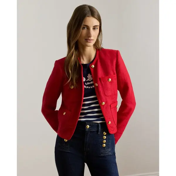 Ralph Lauren Linen Herringbone Cropped Jacket - Cruise Red