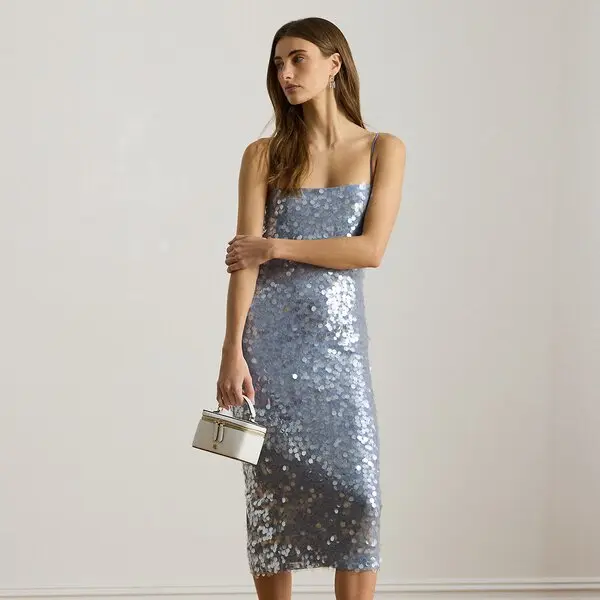 Ralph Lauren Sequined Tulle Midi Cocktail Dress - Blue Multi
