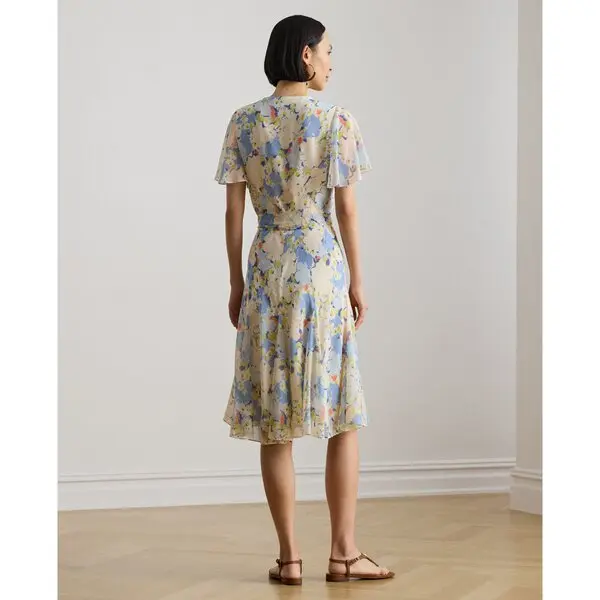 Ralph Lauren Floral Crinkle Georgette Surplice Dress - Blue Multi