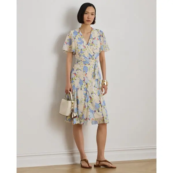 Ralph Lauren Floral Crinkle Georgette Surplice Dress - Blue Multi