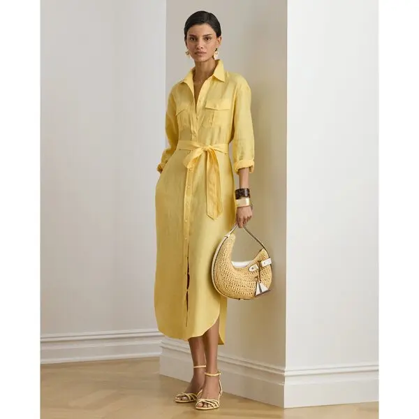 Ralph Lauren Women's Belted Linen Midi Shirtdress - Size 2 in Lemon Sorbet