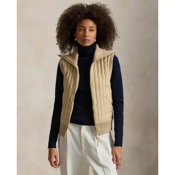 Ralph Lauren Quilted-panel Wool Zip Vest - Dune Tan