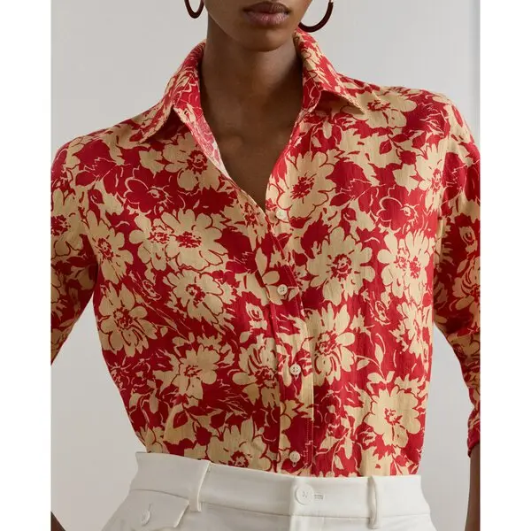 Ralph Lauren Relaxed Fit Floral Linen Shirt - Red/tan