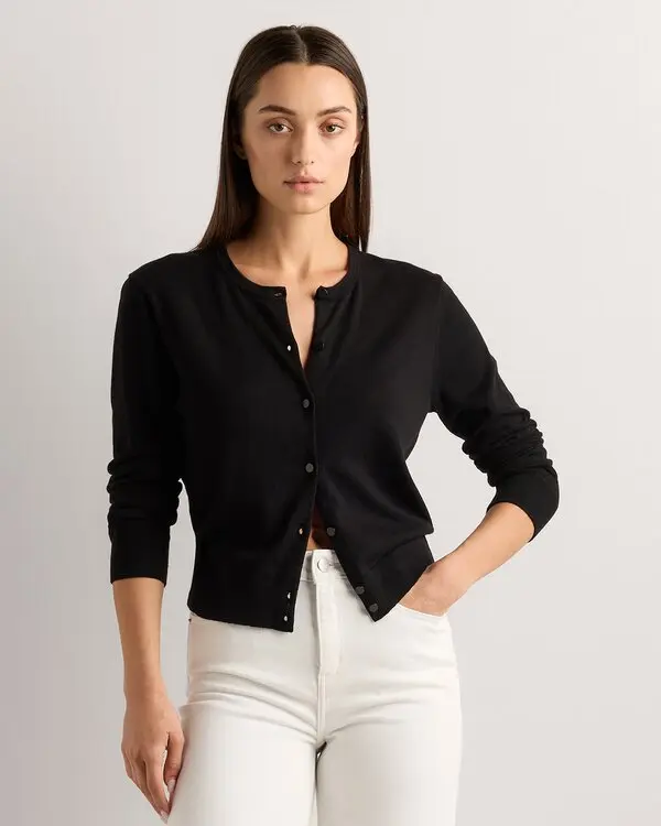 Quince Lightweight Cotton Cashmere Crew Neck Cardigan - Black