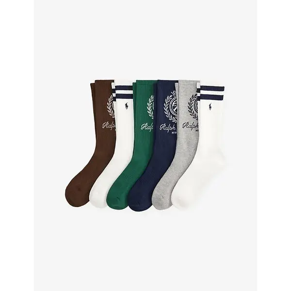 Polo Ralph Lauren Pack Of Six Stretch-woven Crew Socks - Brown/white/grn/nv/wht