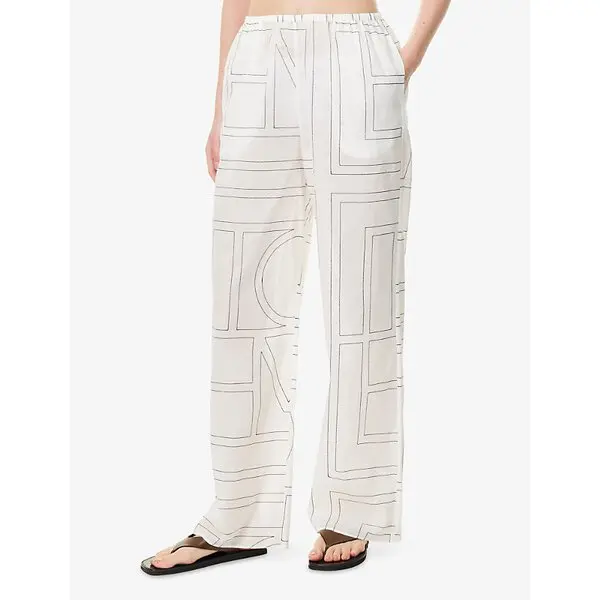 TOTEME Monogram-print Wide-leg Cotton-blend Pajama Bottoms - White Black