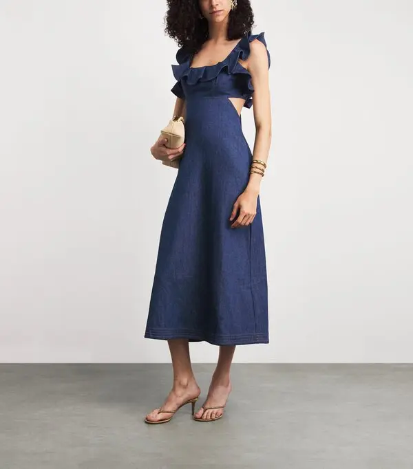 Zimmermann Denim Frilled Aster Midi Dress - Navy