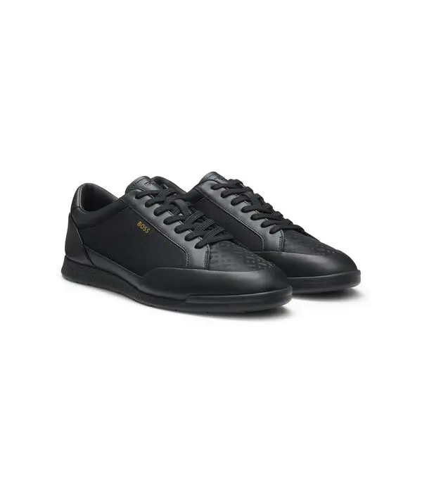 BOSS Leather Sneakers With Monogram Paneling - Black