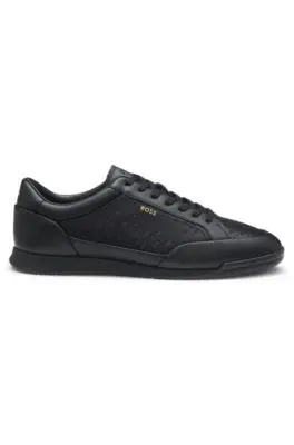 BOSS Leather Sneakers With Monogram Panel - Black