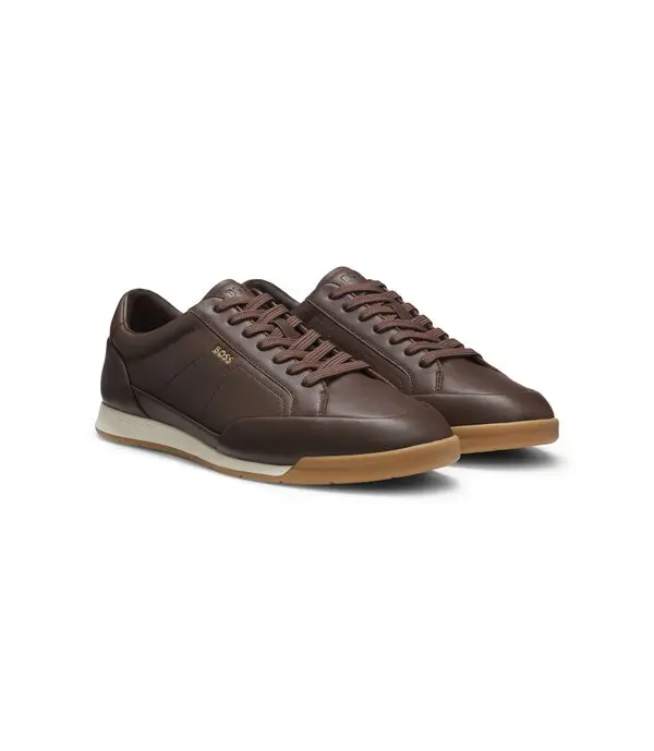 BOSS Leather Sneakers With Foil Logo - Dark Brown
