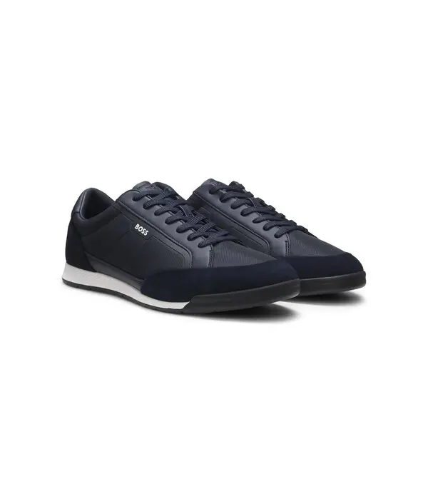 BOSS Suede-trim Sneakers With Ribbed Sole - Dark Blue