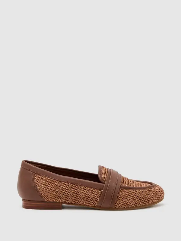 REISS Liv Raffia Leather Trim Loafers